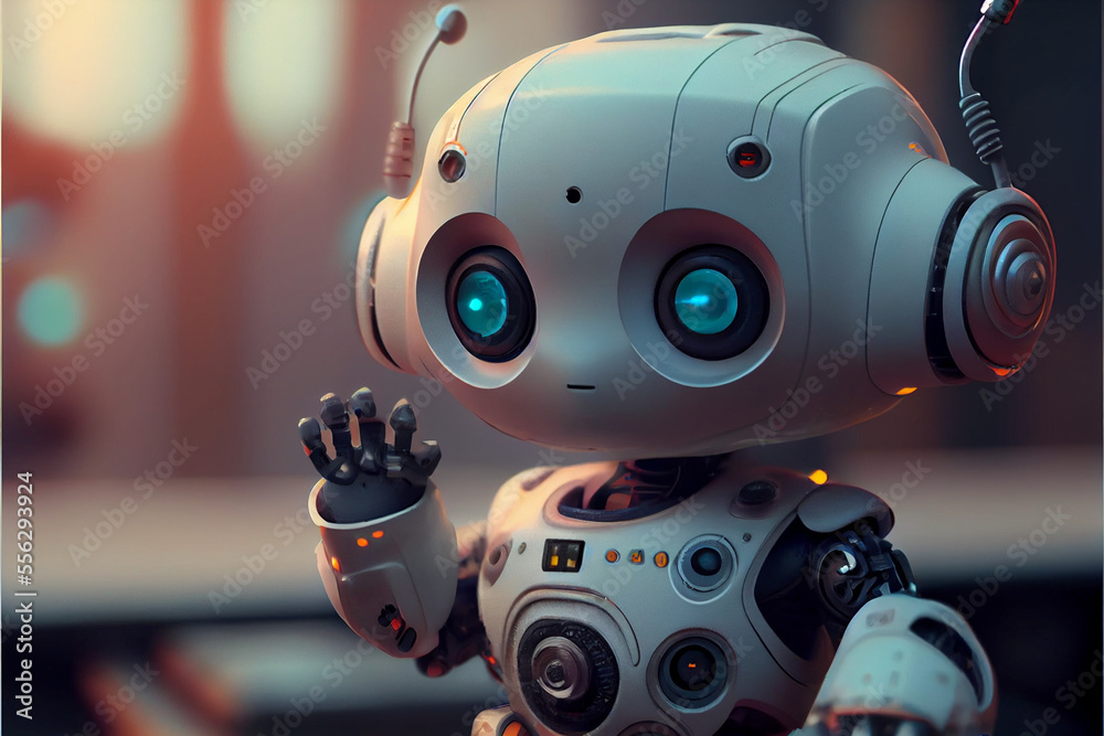 Cute and little robot helper with artificial intelligence raising hand- Generative AI Stock ...