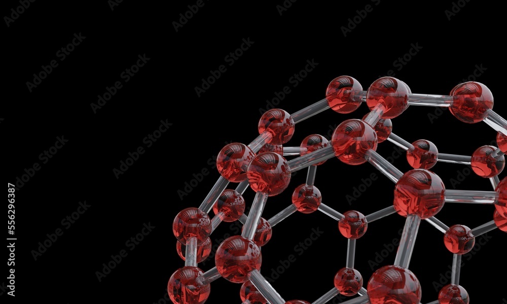 Red crystal Carbon buckyball molecules,Background with nanoparticles ...