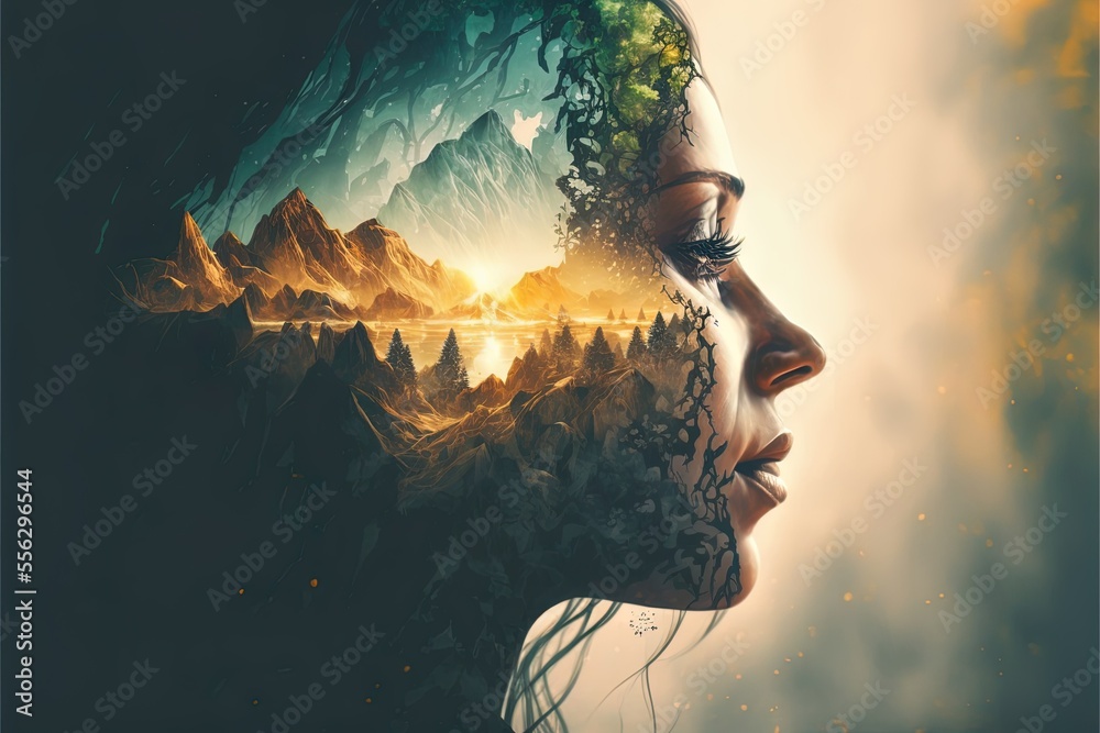 Double exposure nature landscape in a woman face. portrait of lady ...