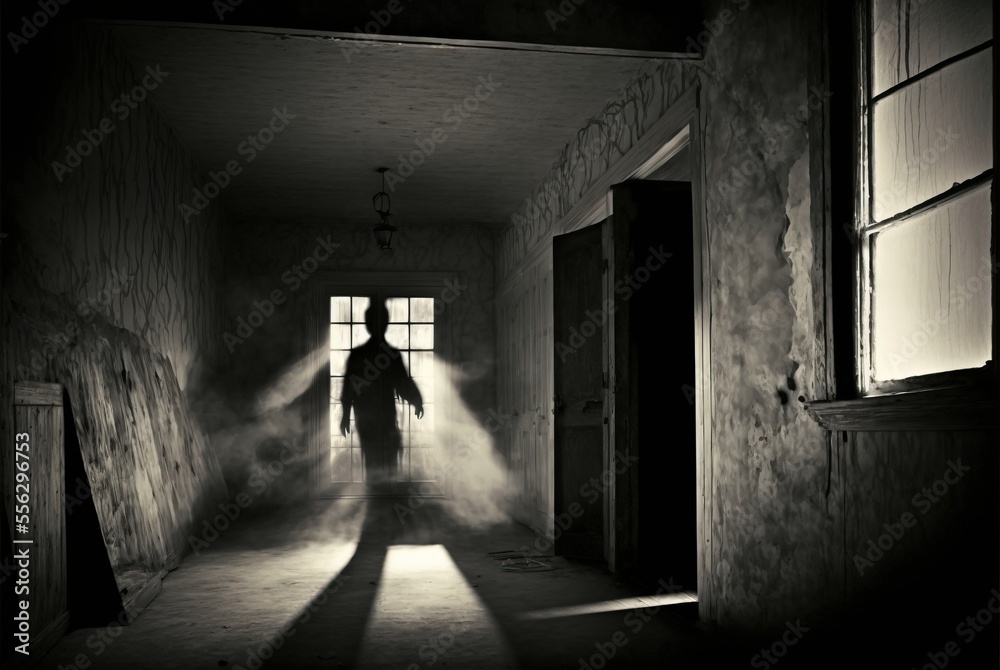 Creepy abandoned haunted house with evil demonic shadow man apparition ...
