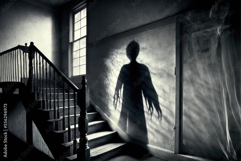 Creepy abandoned haunted house with evil demonic shadow man apparition ...