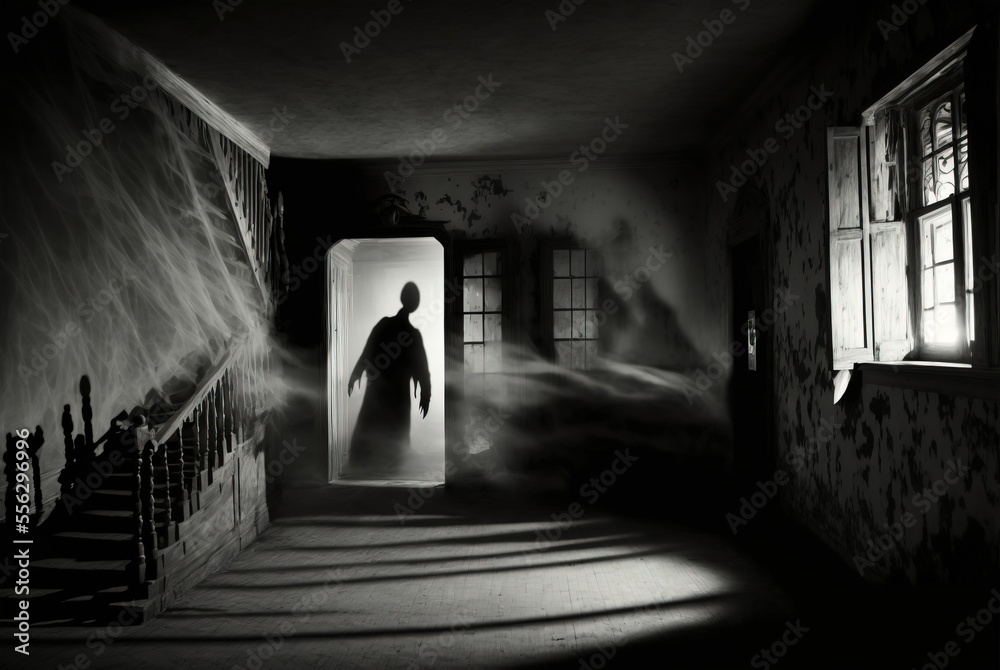 Creepy abandoned haunted house with evil demonic shadow man apparition ...