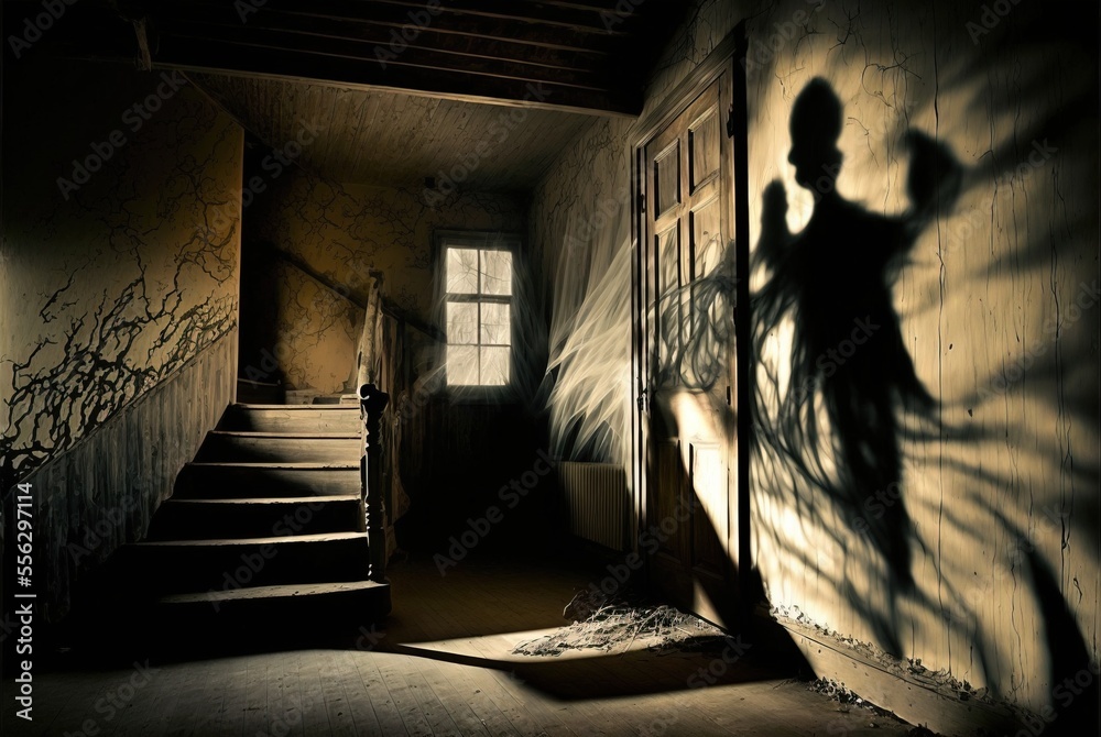 Creepy abandoned haunted house with evil demonic shadow man apparition ...