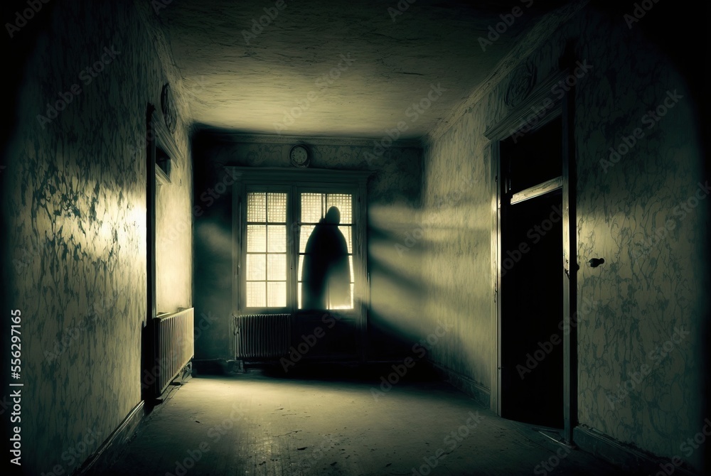 Creepy abandoned haunted house with evil demonic shadow man apparition ...