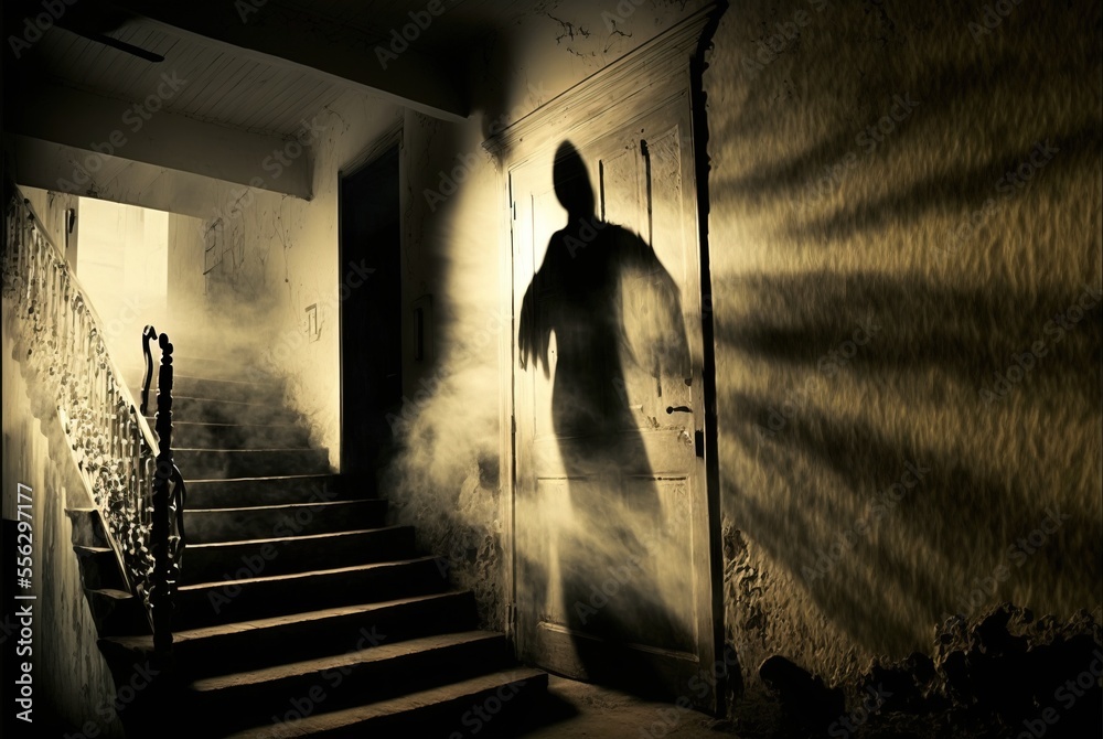 Creepy abandoned haunted house with evil demonic shadow man apparition ...