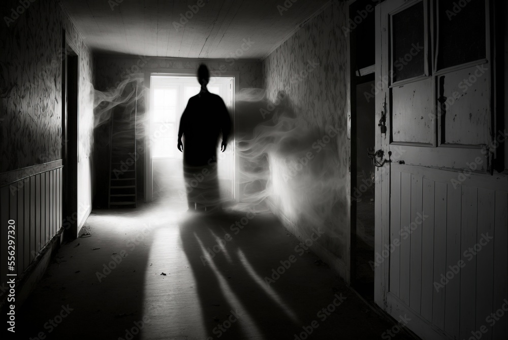 Creepy abandoned haunted house with evil demonic shadow man apparition ...