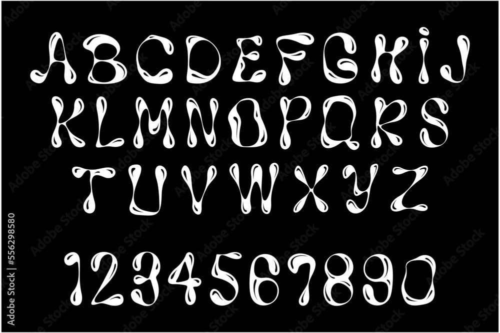 Liquid Mercury font, alphabet. Letters and numbers. flat style vector ...
