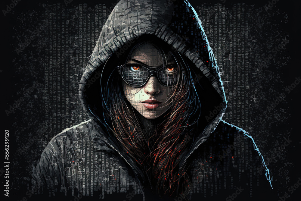 binary code cracking by a female hacker. Generative AI Stock ...