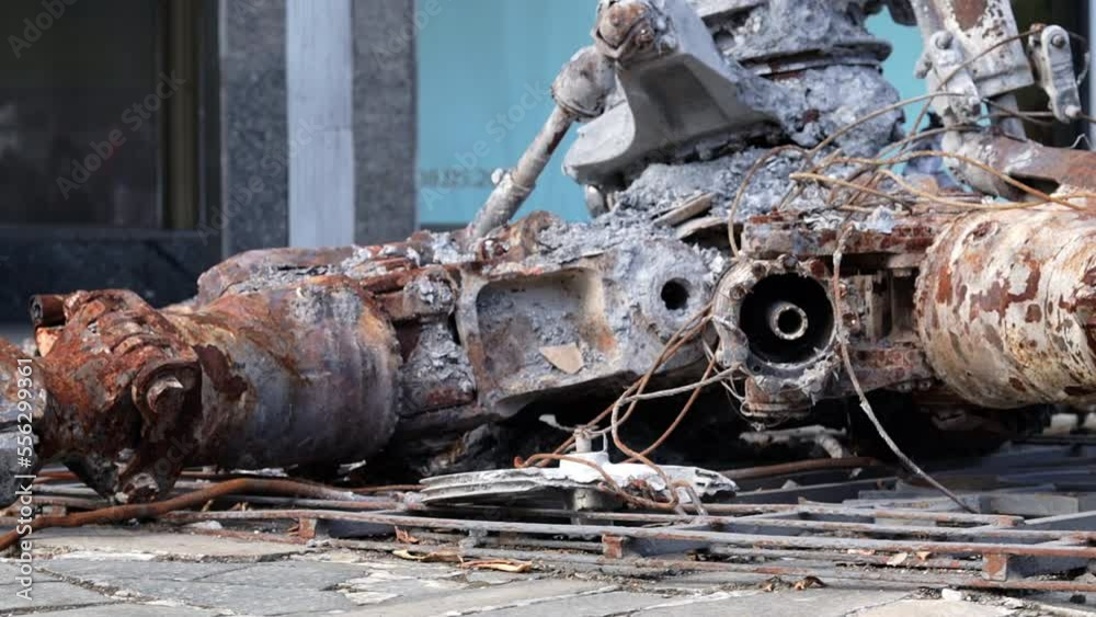 Vídeo do Stock: Detail of a burned out helicopter. Remains of a ...