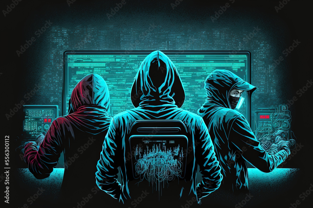 back view of a risky hacker group developing new malware. Generative AI ...