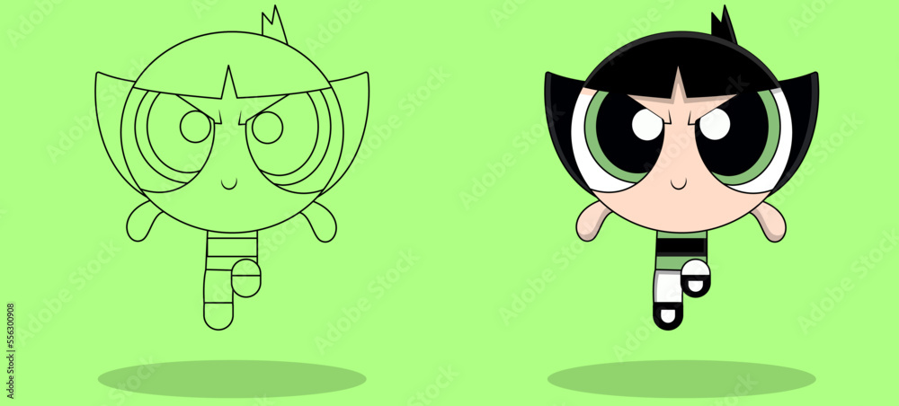 Powerpuff Girls ,buttercup character ,vector illustration with outline ...
