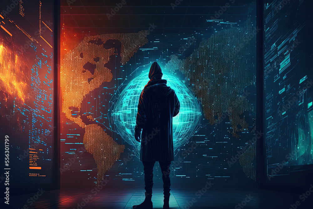 Modern technology concept of hacker standing in abstract interior with ...