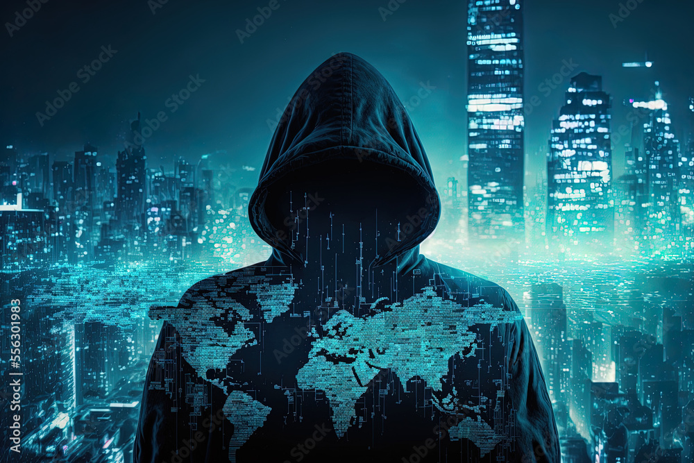 Hacker uses original bright blue business chart and map over fuzzy ...