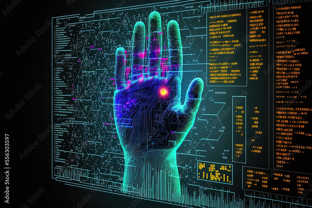 Graph screen code of a media screen with a man hacking his finger while ...