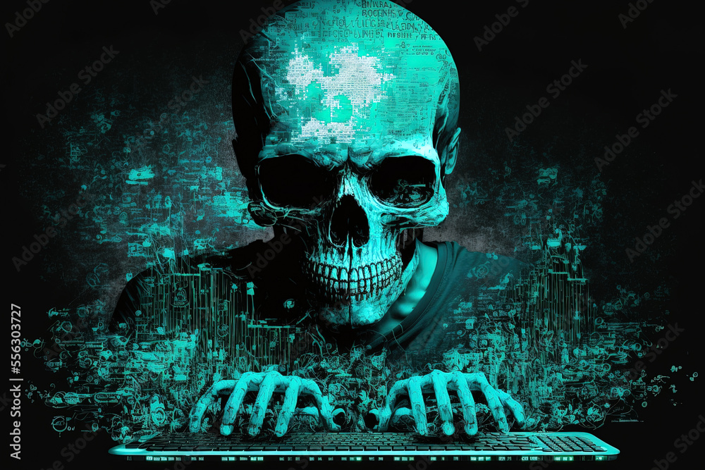 Multiexposure creative code skull doodle with hands typing on keyboard ...