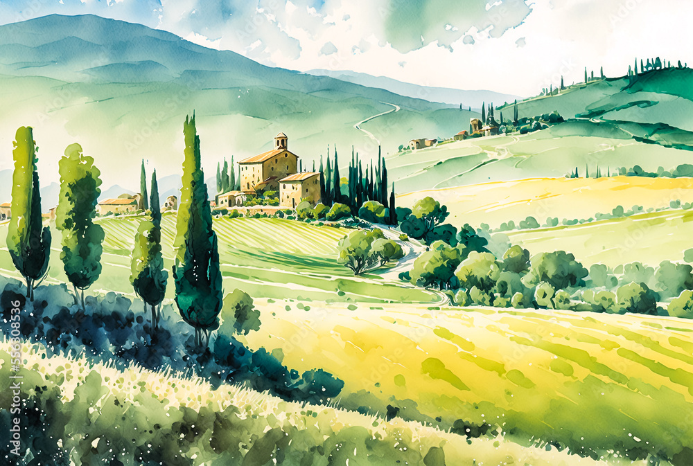 Tuscany scenery, italian village on green hill, printable digital ...