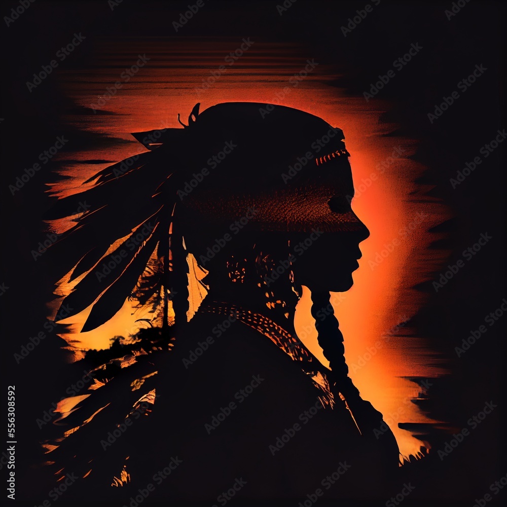 Silhouette of a woman from an Indian tribe in front of a teepee ...