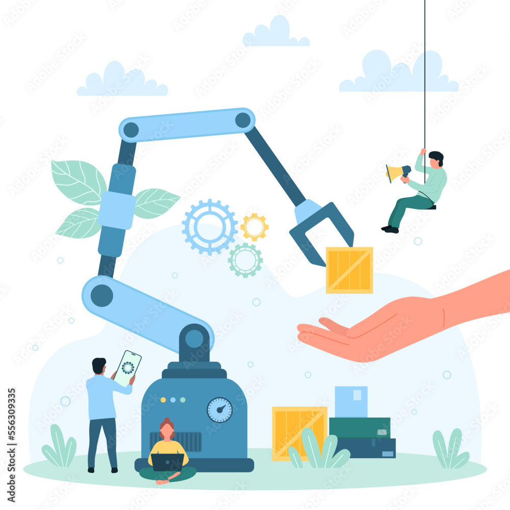 Warehouse automation process vector illustration. Cartoon tiny people ...