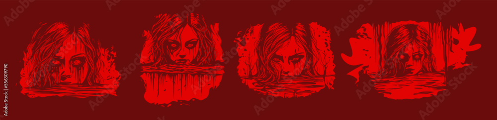 Horror Sketch gothic girl and half face of goth woman above water ...