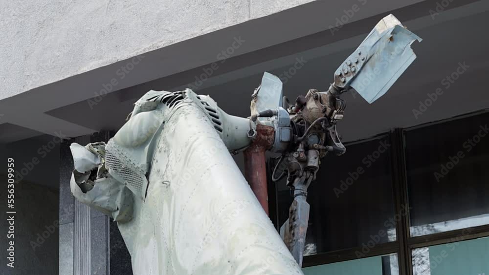 Detail of a burned out helicopter. Remains of a destroyed Russian Air ...