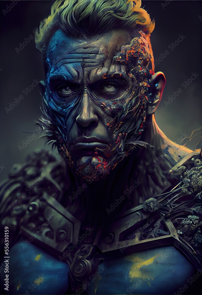Portrait of a sci-fi cyberpunk warrior. High-tech futuristic man from ...