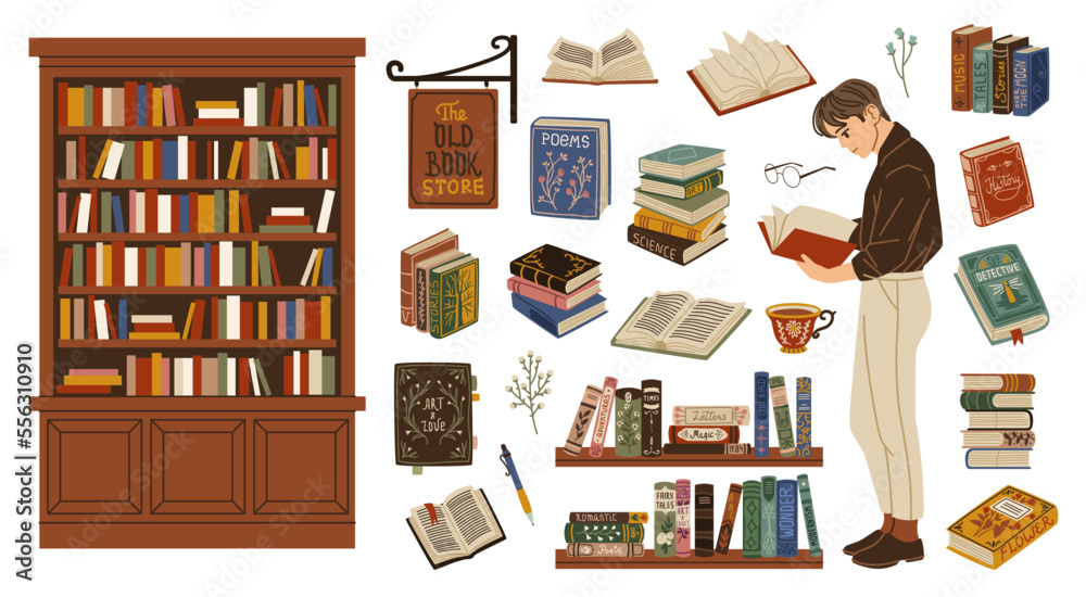 Cartoon books. Book lover hold literature volume, guy in library ...