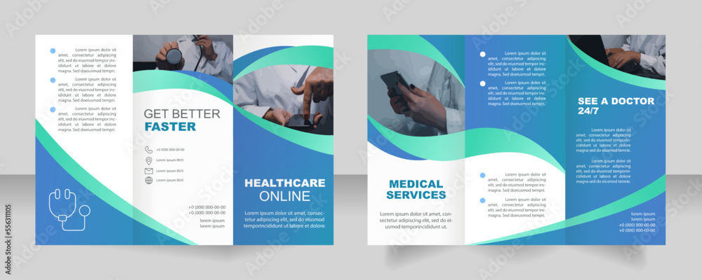 Health care online trifold brochure template with photo. Remote ...