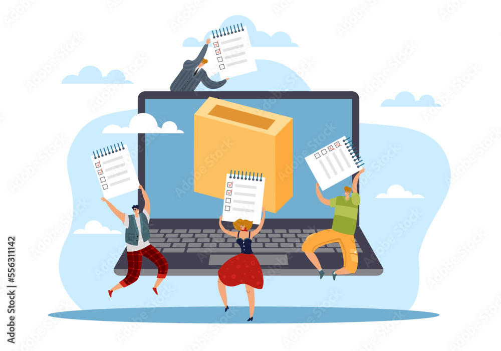 Online voting, computer screen, voting box, happy adult voters with ...