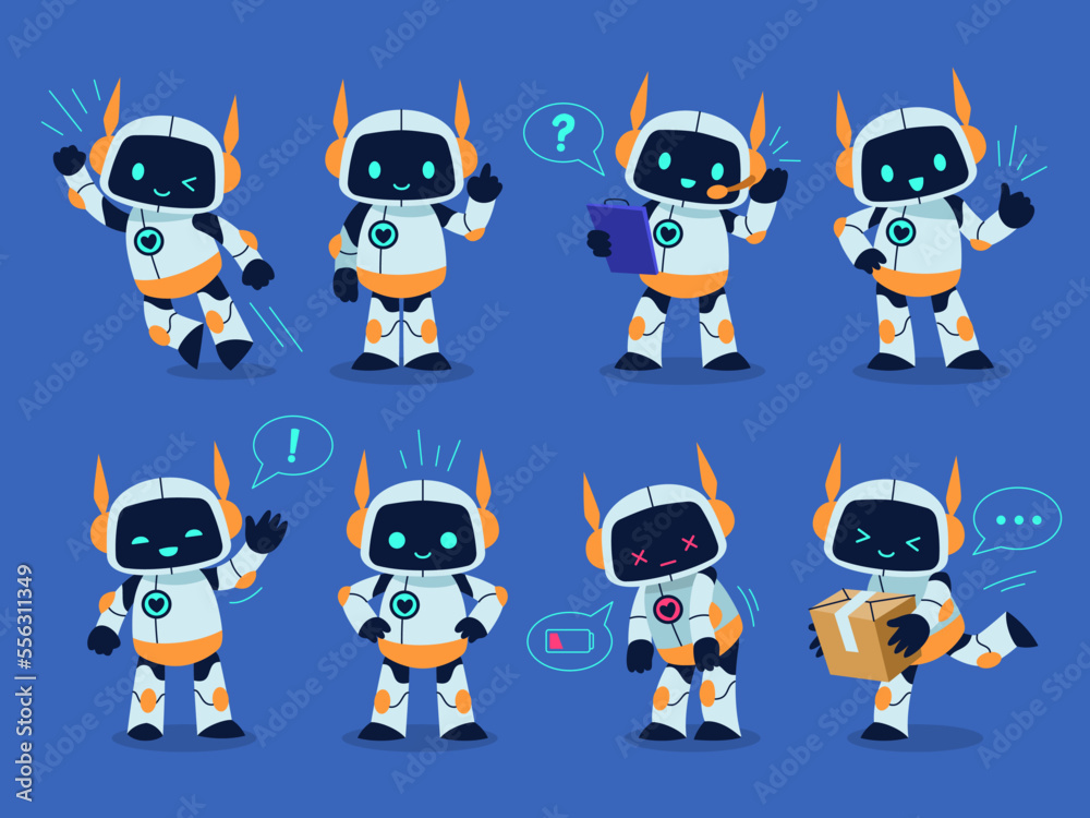Robot mascot. Cute toy, cartoon cyborg character, different poses and ... Robot mascot. Cute toy, cartoon cyborg character, different poses and ...