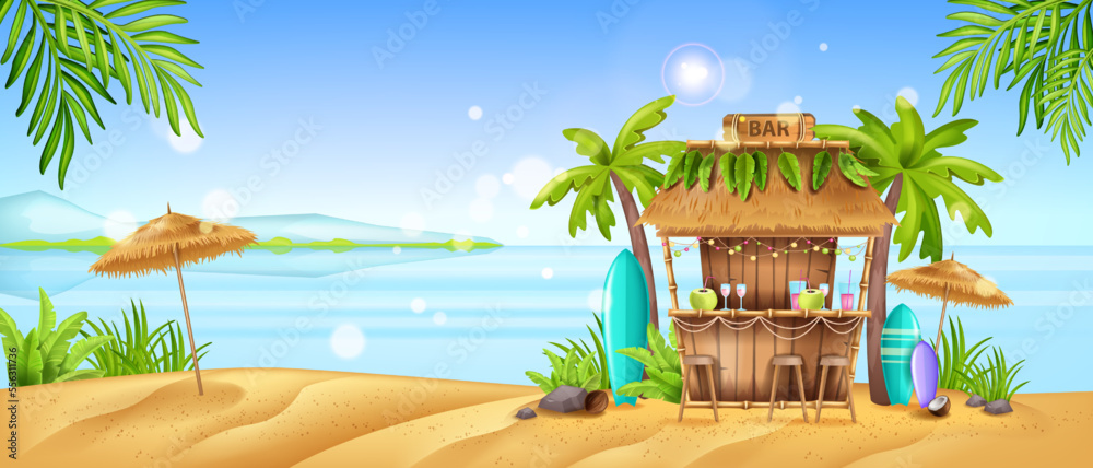 Beach bar tropical background, summer Hawaii terrace restaurant, vector ...