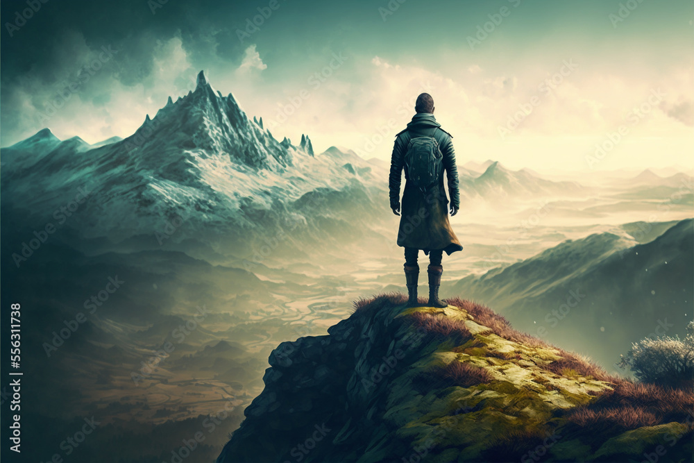 person standing on top of a hill, looking out at a beautiful landscape ...