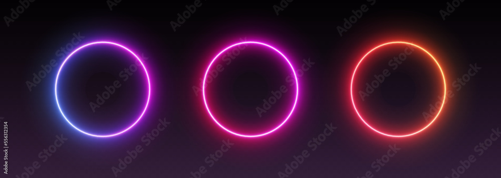 Neon circle frames, gradient glowing round borders, isolated UI elements. Futuristic avatar ...