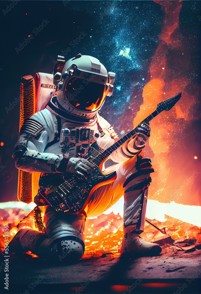 An astronaut on an alien planet playing an electric guitar. A high-tech ...