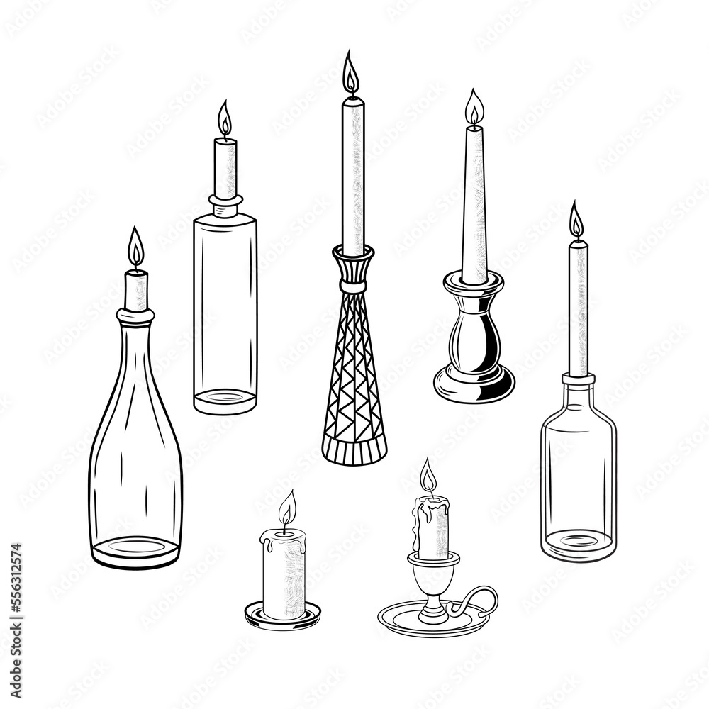 Stock vector black and white hand drawn illustration set of candles in ...