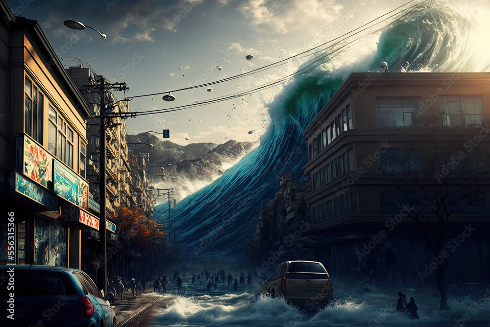 The Unstoppable Force of a Powerful Tsunami Reaches the Coast, a City ...