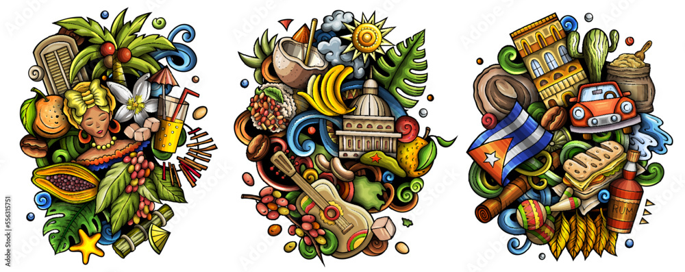 Cuba cartoon vector doodle designs set. Stock Vector | Adobe Stock