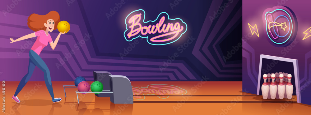 Bowling background. People in bowling club playing in action game with ...