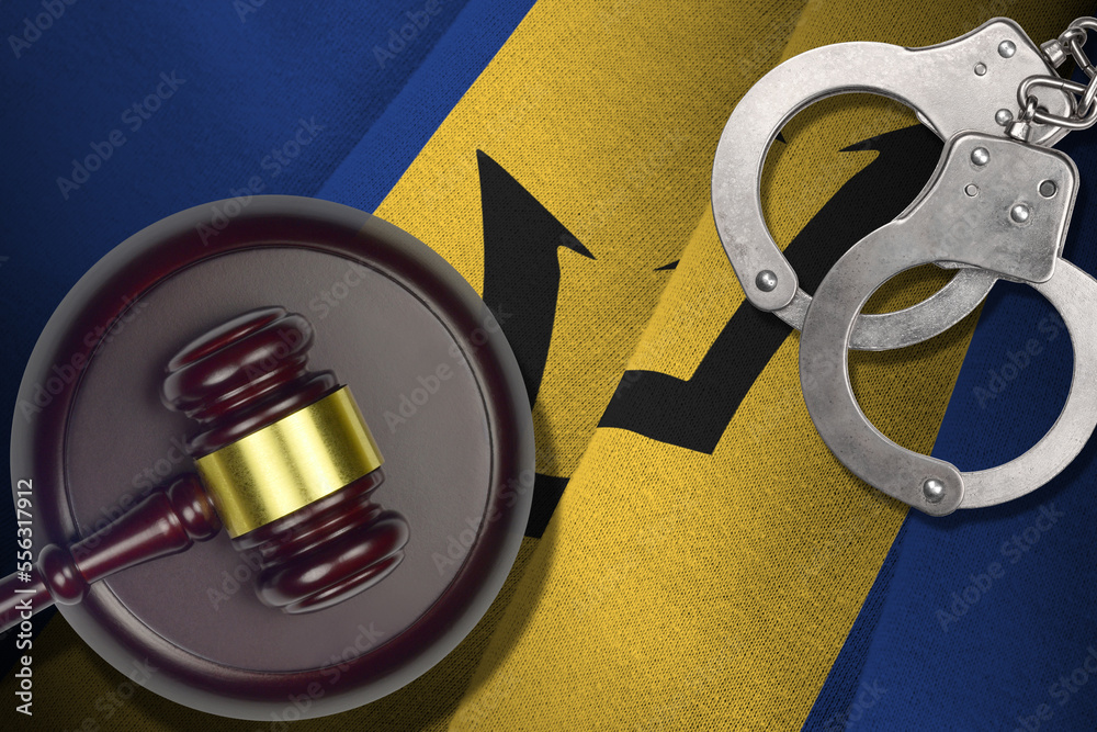 Barbados flag with judge mallet and handcuffs in dark room. Concept of ...