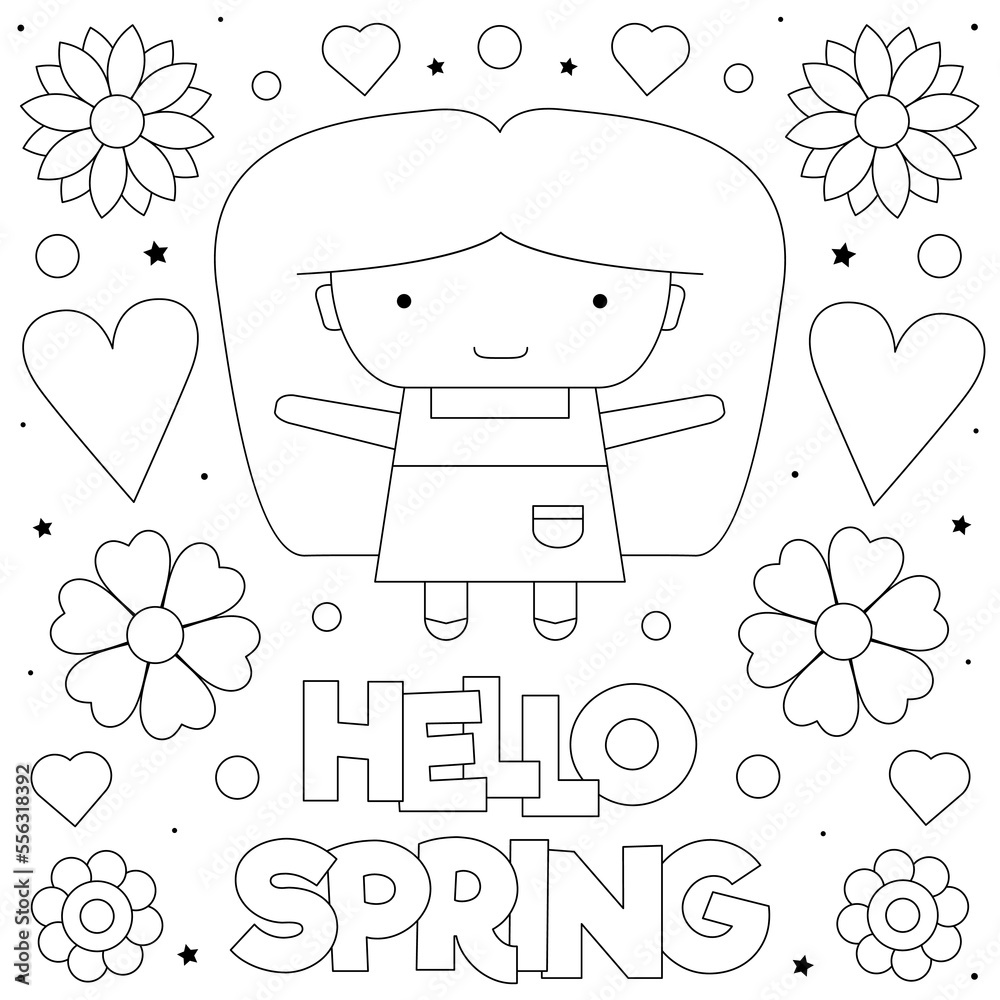 Hello Spring. Coloring page. Black and white vector illustration. Stock ...