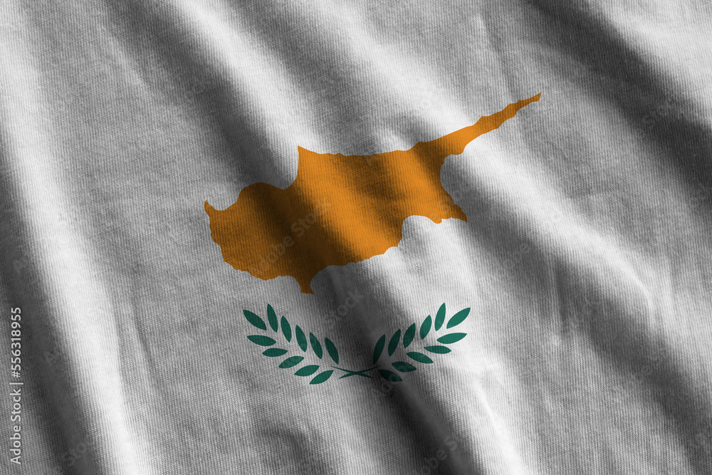 Cyprus flag with big folds waving close up under the studio light ...