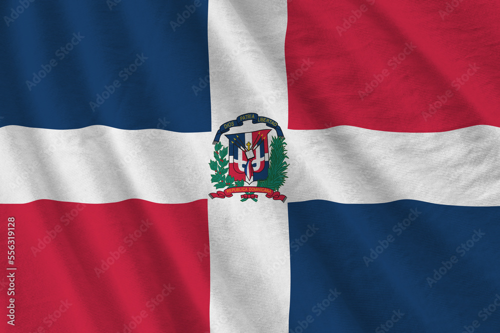 Dominican Republic flag with big folds waving close up under the studio ...