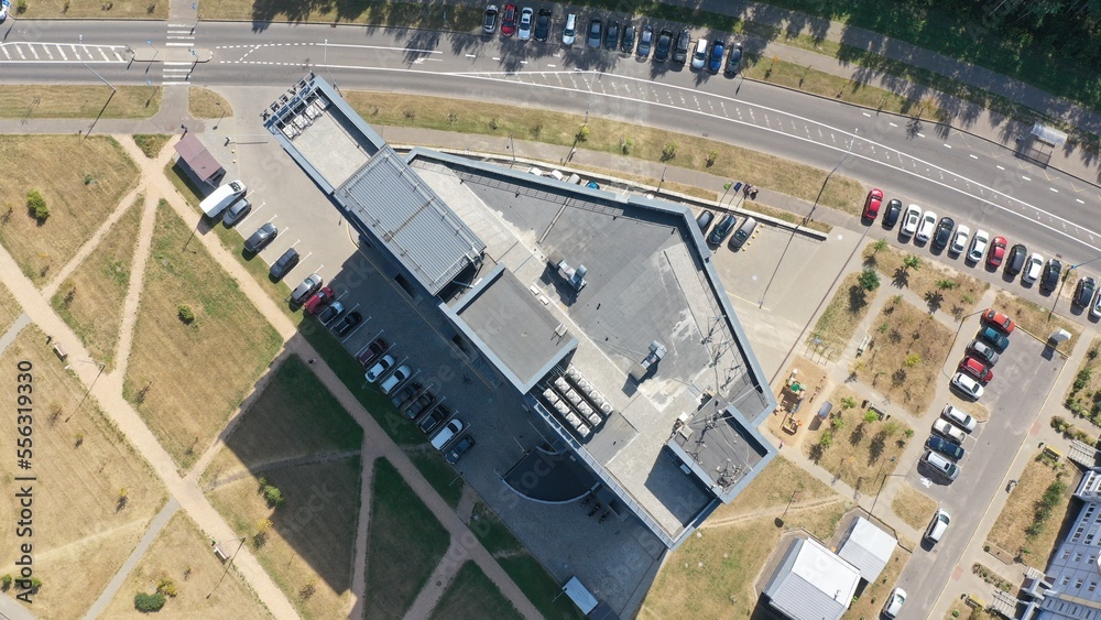 Top view of the roof of a tall office building, shopping mall. The ...
