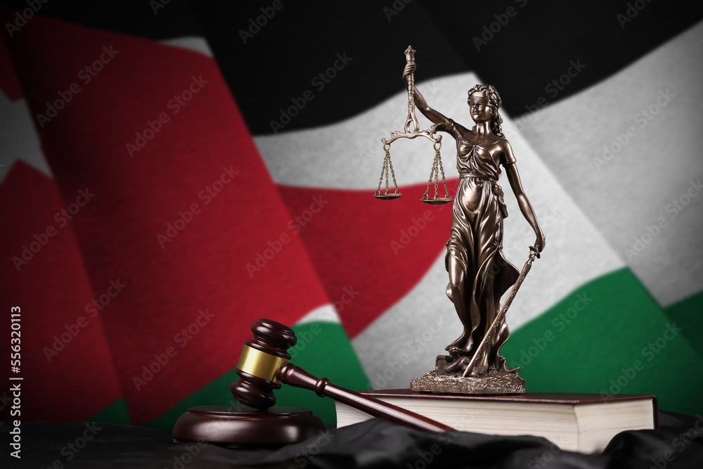 Jordan flag with statue of lady justice, constitution and judge hammer ...