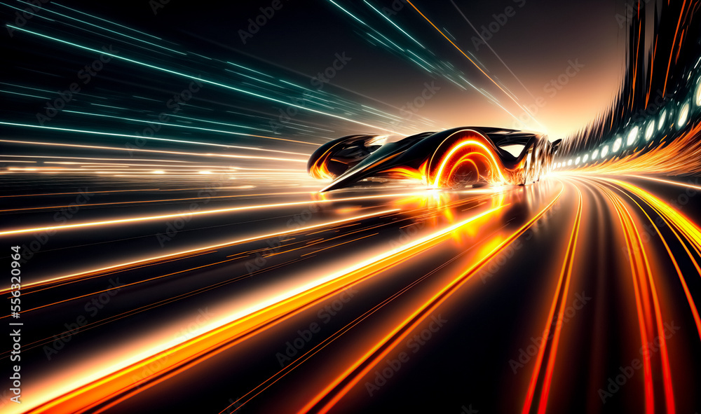 Speeding Sports Car On Neon Highway. Powerful acceleration of a ...