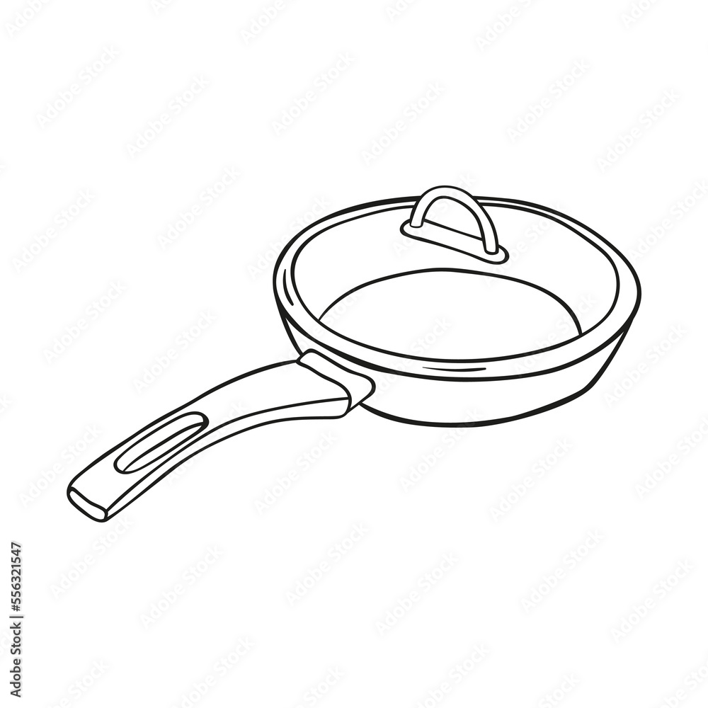 Frying pan with lid drawn by hand. Vector illustration of skillet in ...