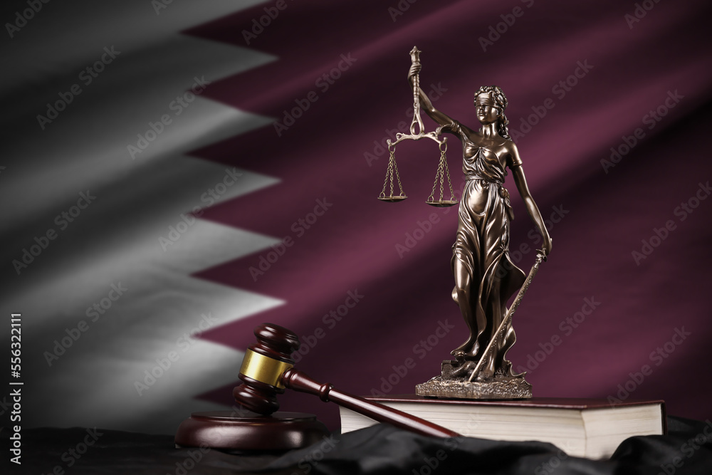 Qatar flag with statue of lady justice, constitution and judge hammer ...