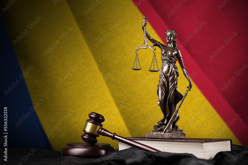 Chad flag with statue of lady justice, constitution and judge hammer on ...