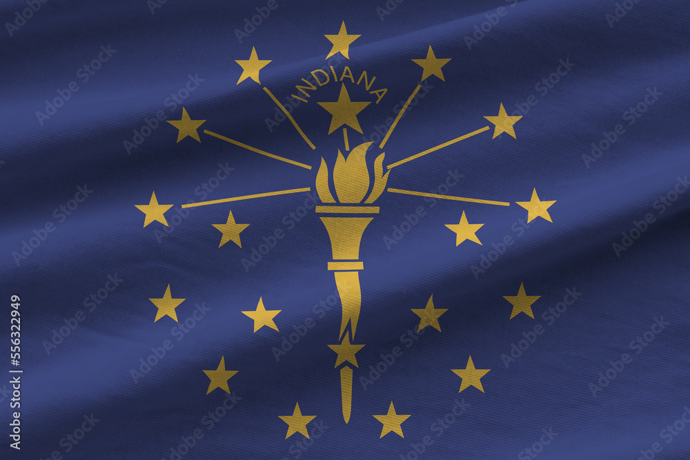 Indiana US state flag with big folds waving close up under the studio ...