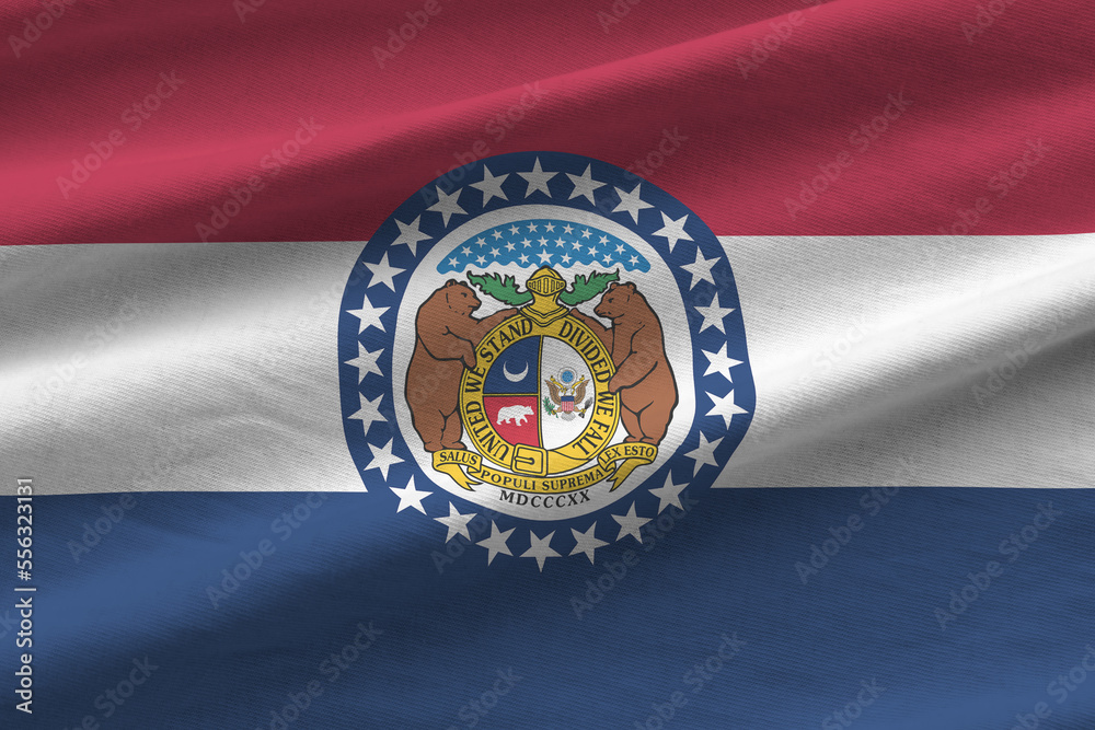 Missouri US state flag with big folds waving close up under the studio ...