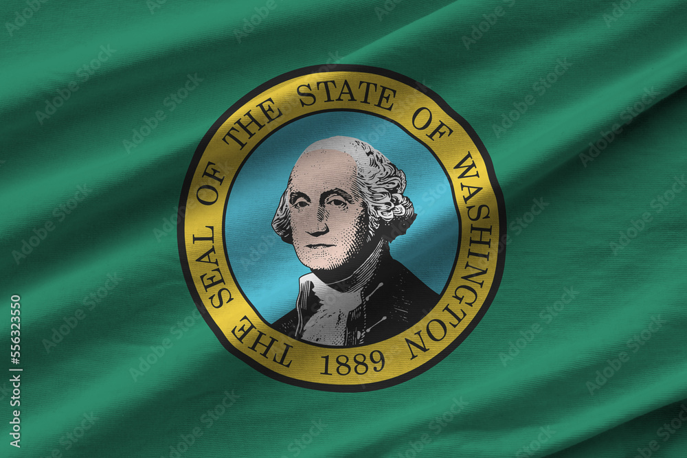 Washington US state flag with big folds waving close up under the ...
